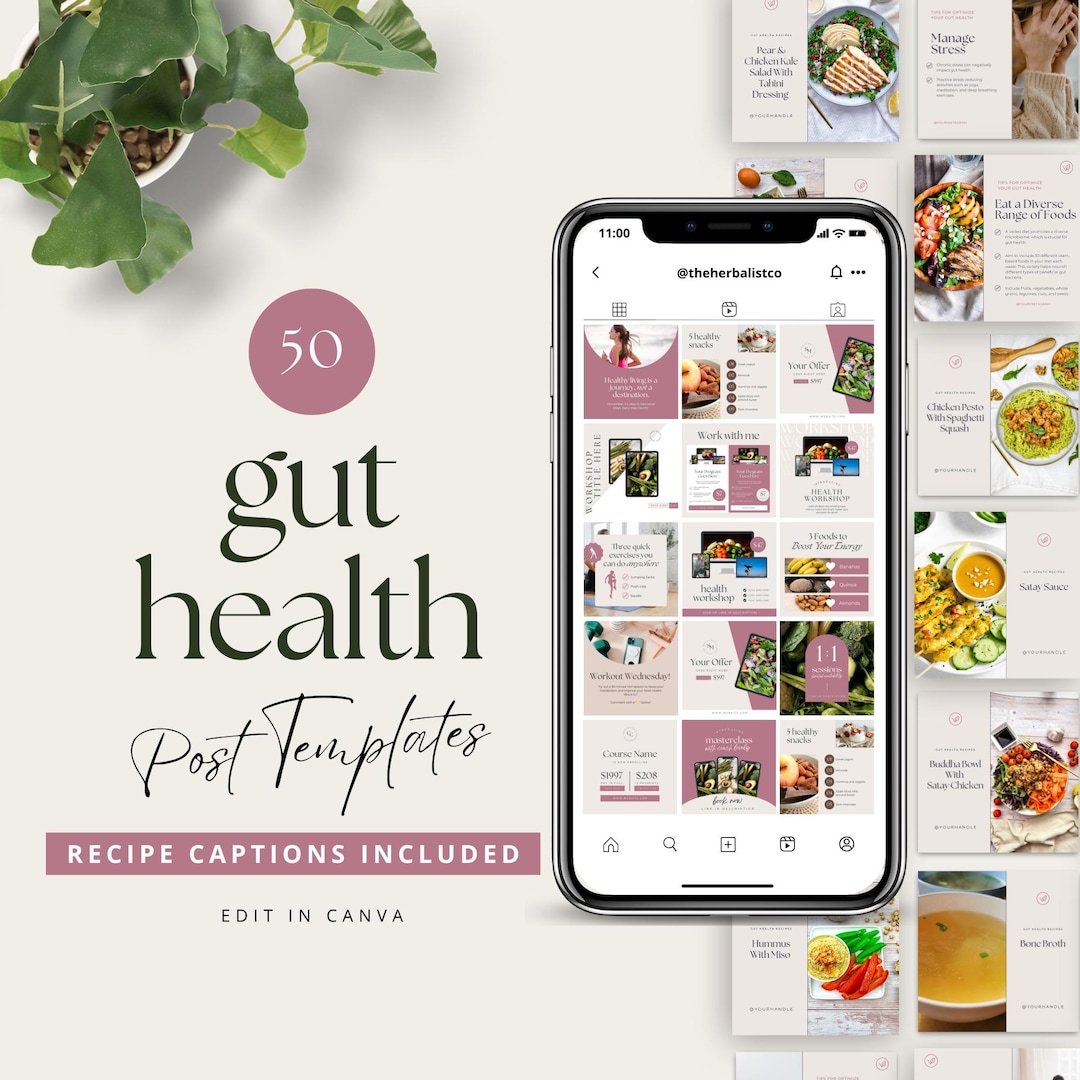 50 Gut Health Instagram Post Templates, Canva Recipes, Wellness Tips ...