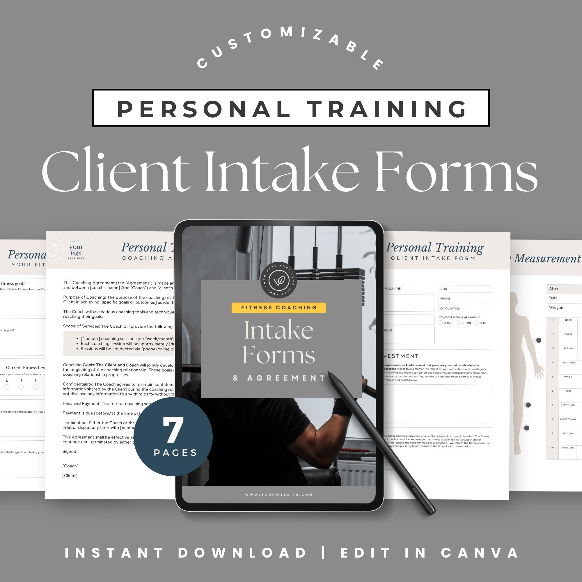 Male Personal Trainer Client Intake Forms Bundle, Customizable Contract ...