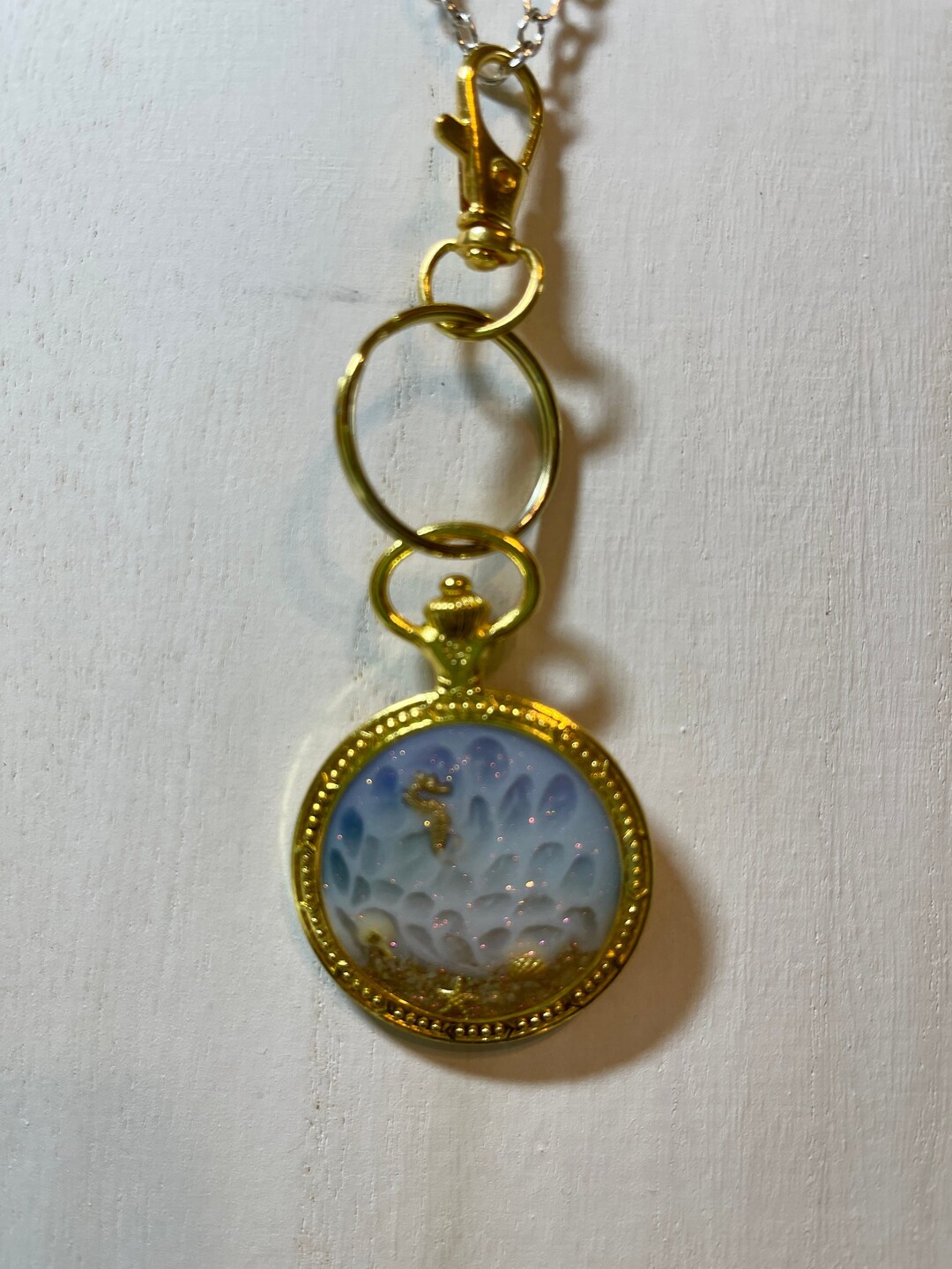 Gold Pocket Watch Beach Resin Key Chain Ring With Seahorse, Shells ...