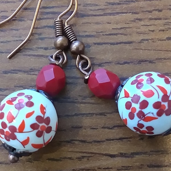 Lampwork Earrings, Brown and Blue Polka Dot Lampwork Earrings, Glass Bead Earrings, Beaded ...