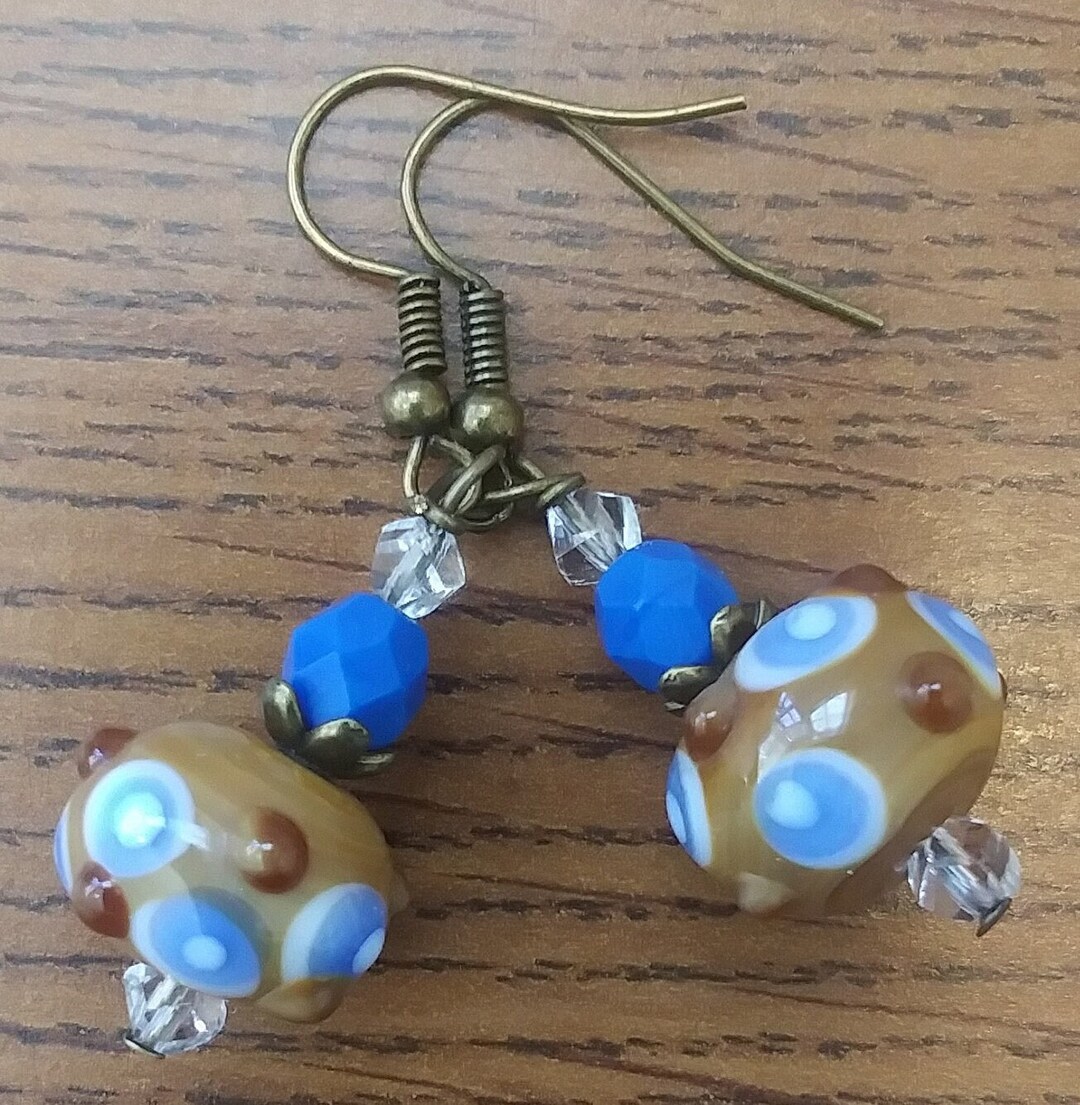 Lampwork Earrings, Brown and Blue Polka Dot Lampwork Earrings, Glass Bead Earrings, Beaded ...