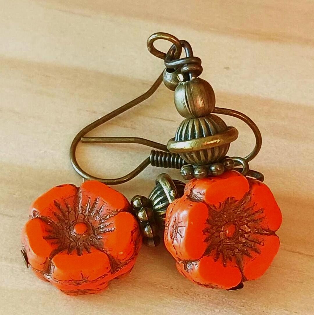 Orange Earrings, Czech Earrings, Flower Earrings, Dangle Earrings ...