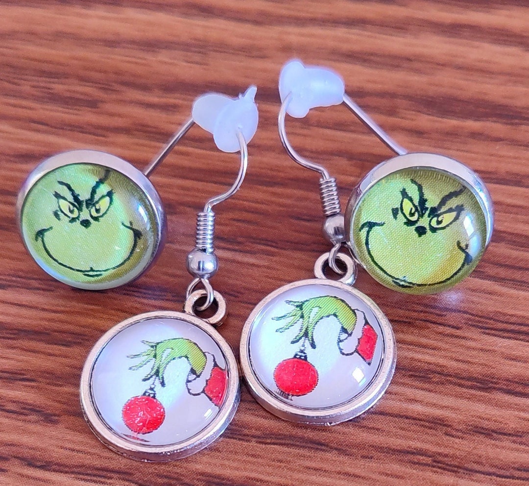 Grinch Earrings, Grinch Dangle Earrings, Grinch Stud Earrings, Holiday Earrings, Christmas ...