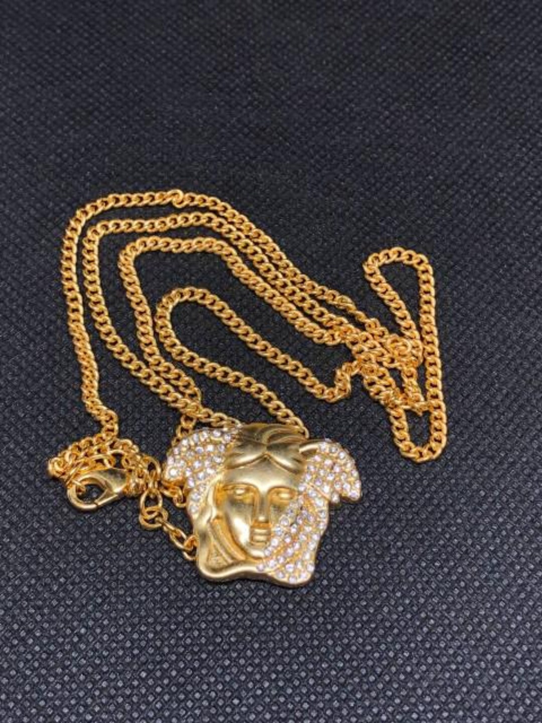 Versace Gold Curb Chain Medusa Queen Drop Pendant Necklace Iconic ...