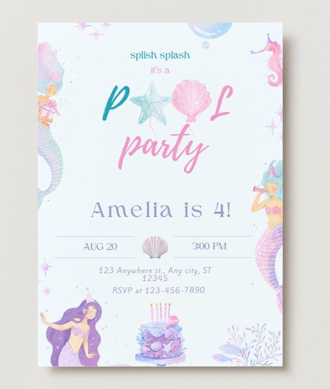 Editable Mermaid Pool Party Invitation, Mermaid Invitation Card, Cute ...