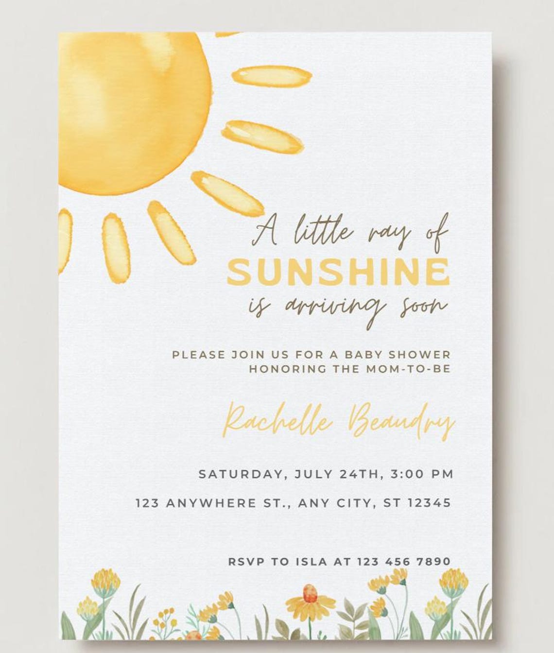 Editable Sunshine Baby Shower Invitation, A Little Ray of Sunshine Baby ...