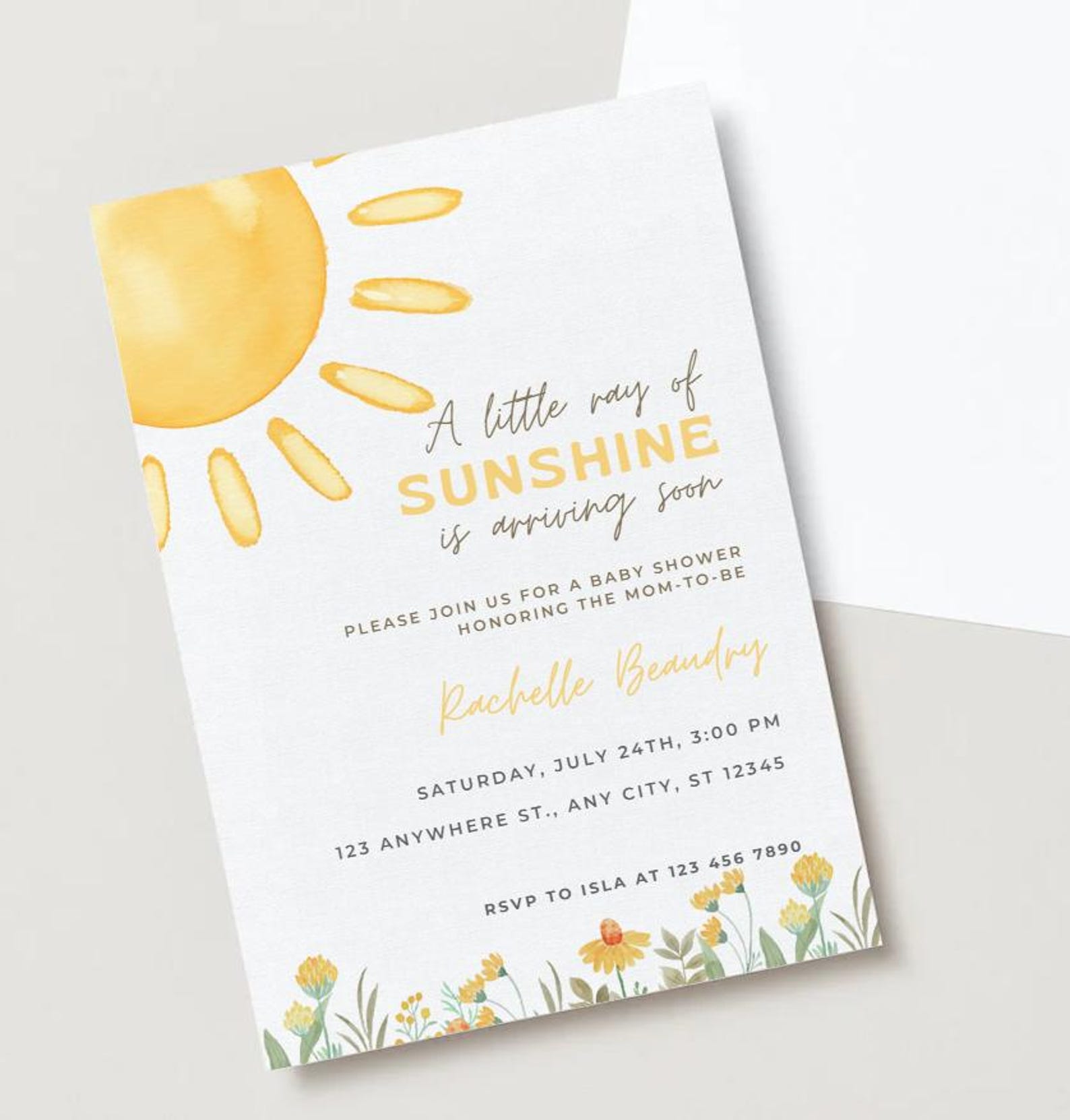 Editable Sunshine Baby Shower Invitation, A Little Ray of Sunshine Baby ...