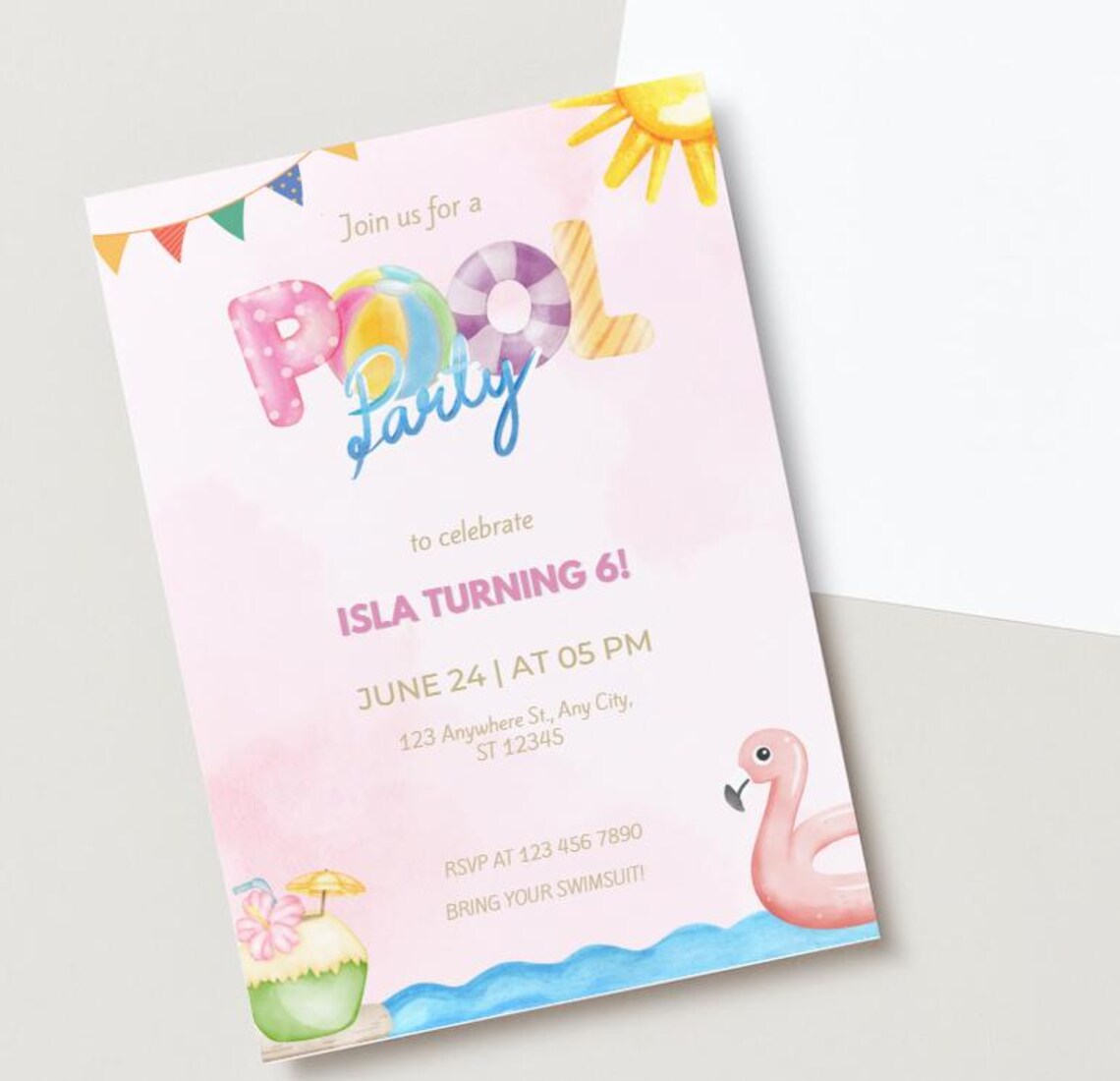 Editable Girl Pool Party Birthday Invitation Template, Pink Pool Party ...