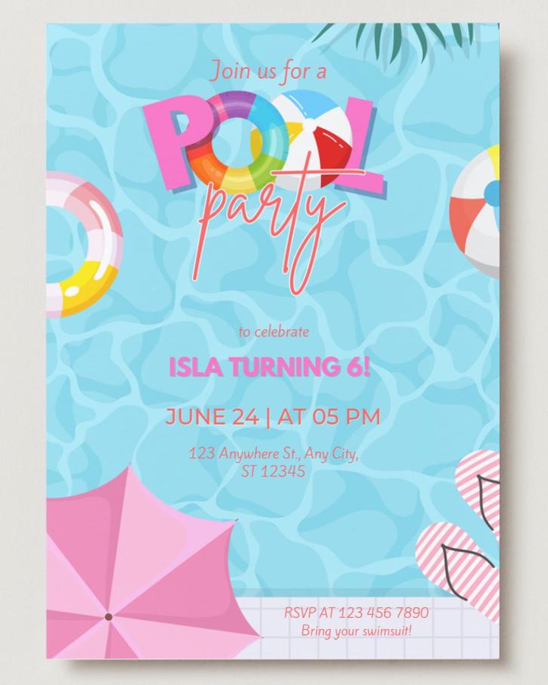 Editable Girl Pool Party Invitation, Pool Party Invite, Pink Pool Party ...