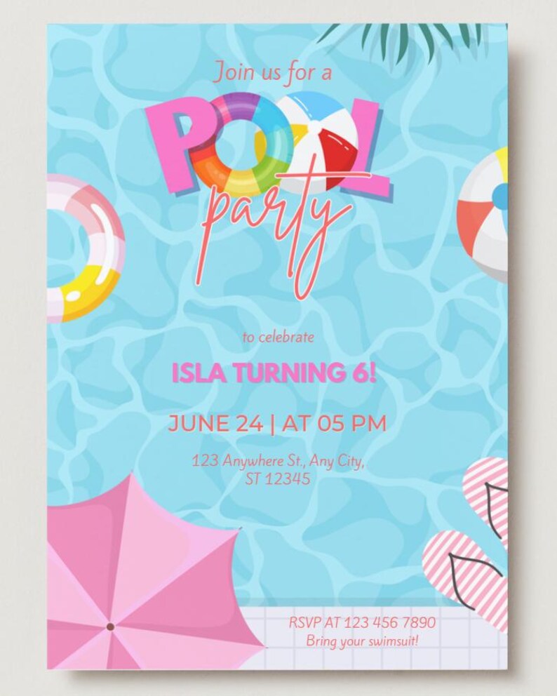 Editable Girl Pool Party Invitation, Pool Party Invite, Pink Pool Party ...