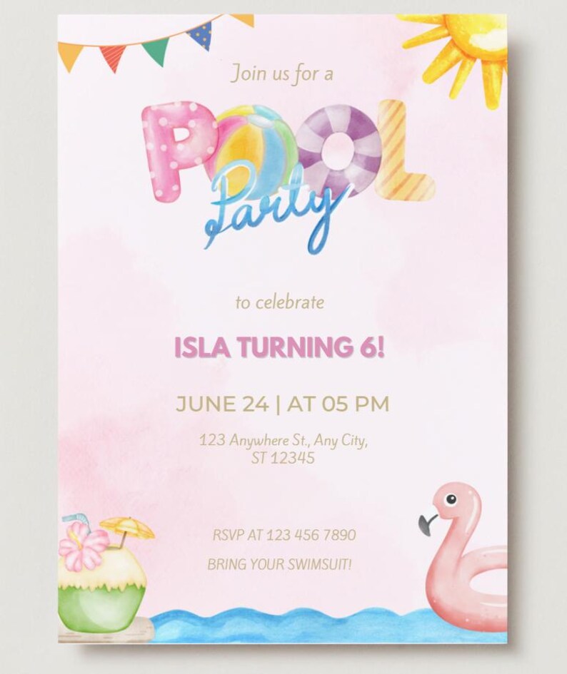 Editable Girl Pool Party Birthday Invitation Template, Pink Pool Party ...
