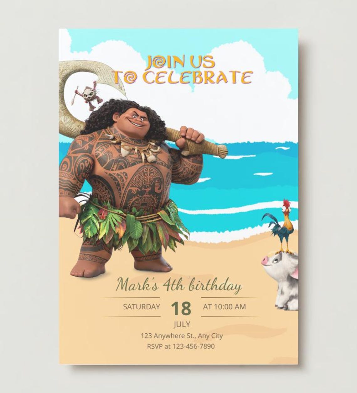 Self Editable Maui Birthday Invitation Moana Maui Birthday Invite Kids ...