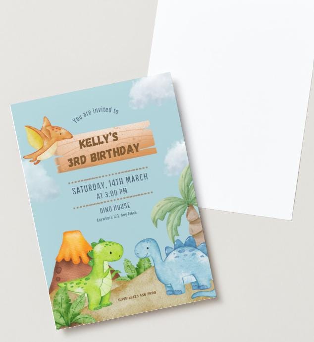 Editable Cute Dinosaur Birthday Invitation, Dinosaur Kids Birthday ...