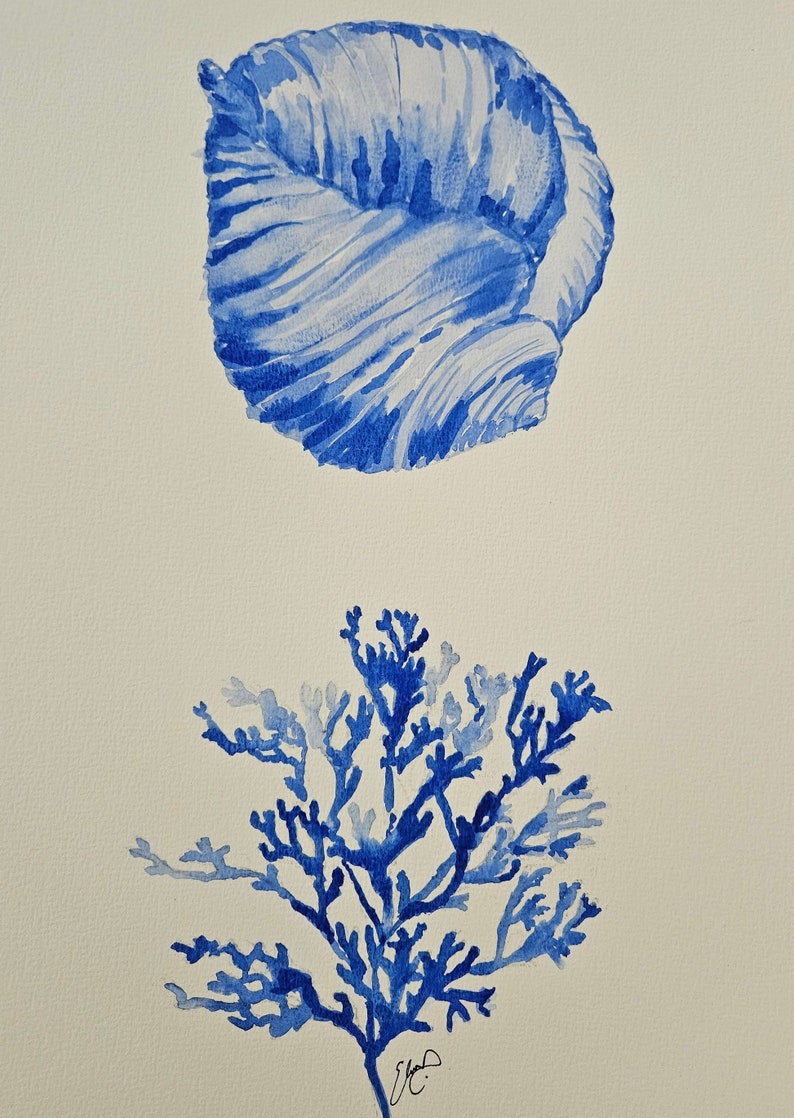 Sea Shell and Coral Blue Watercolor Painting - Etsy