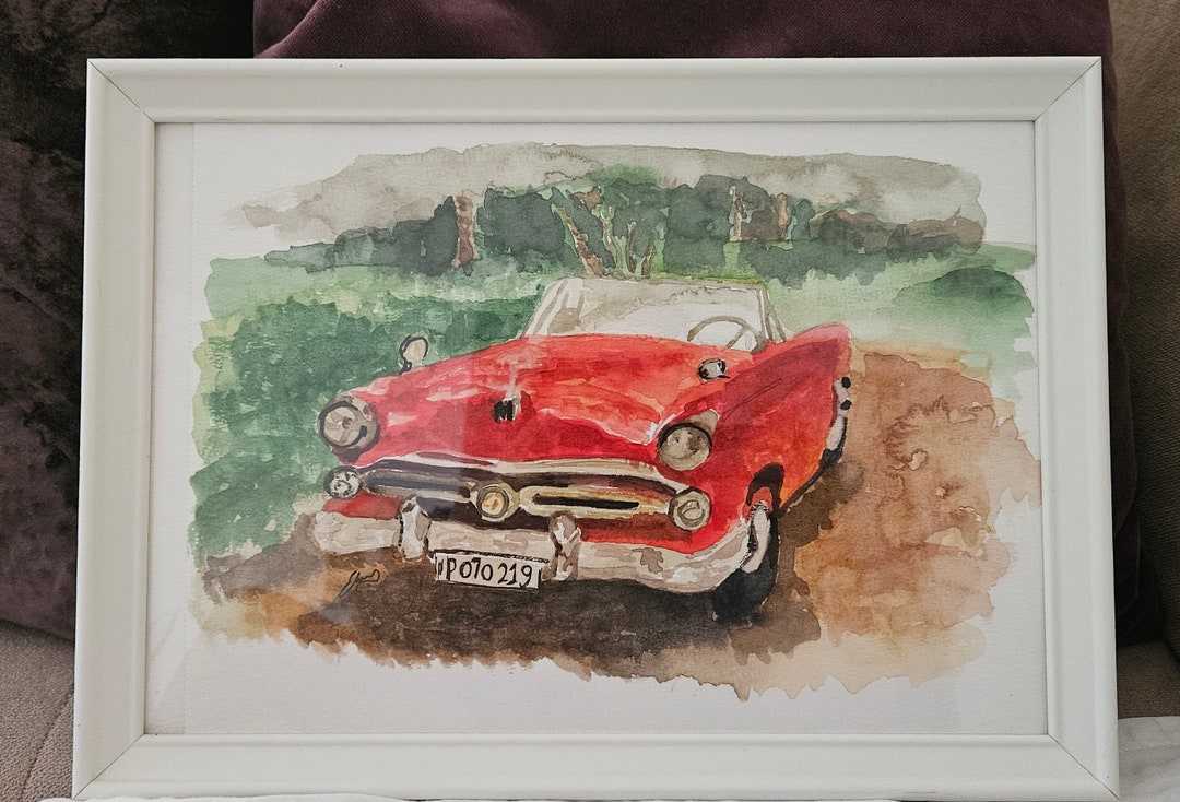Watercolor Hand-painted Car,vintage Car,vehicle Gift Ideas,vintage Red ...