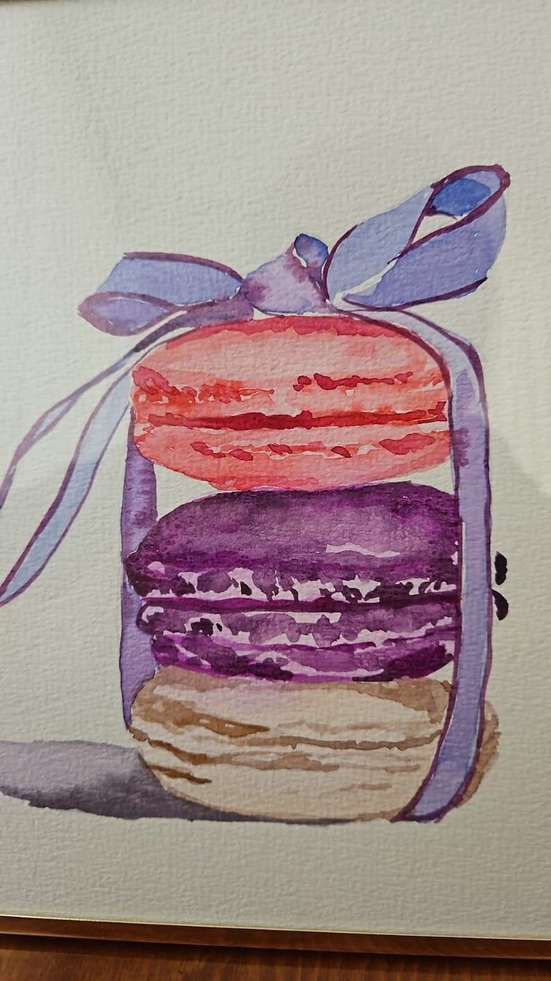 Hand-painted Watercolor Art Print - Colorful Macarons With Ribbon ...