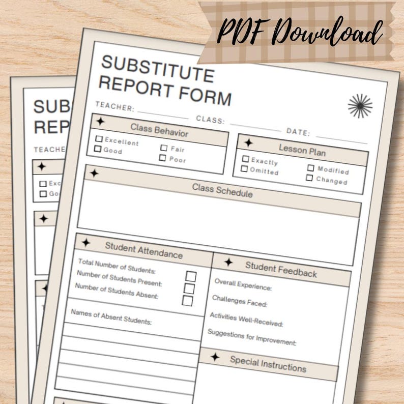 Substitute Teacher Note Template Downloadable PDF, Substitute Resource ...