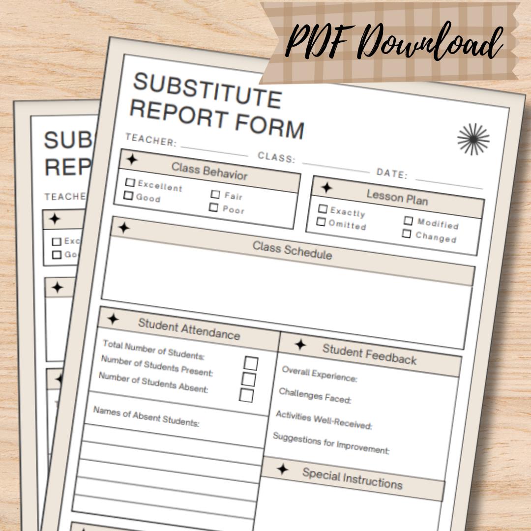 Substitute Teacher Note Template Downloadable PDF, Substitute Resource ...