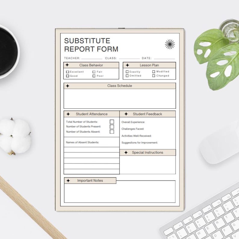 Substitute Teacher Note Template Downloadable PDF, Substitute Resource ...