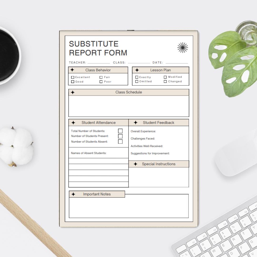 Substitute Teacher Note Template Downloadable PDF, Substitute Resource ...