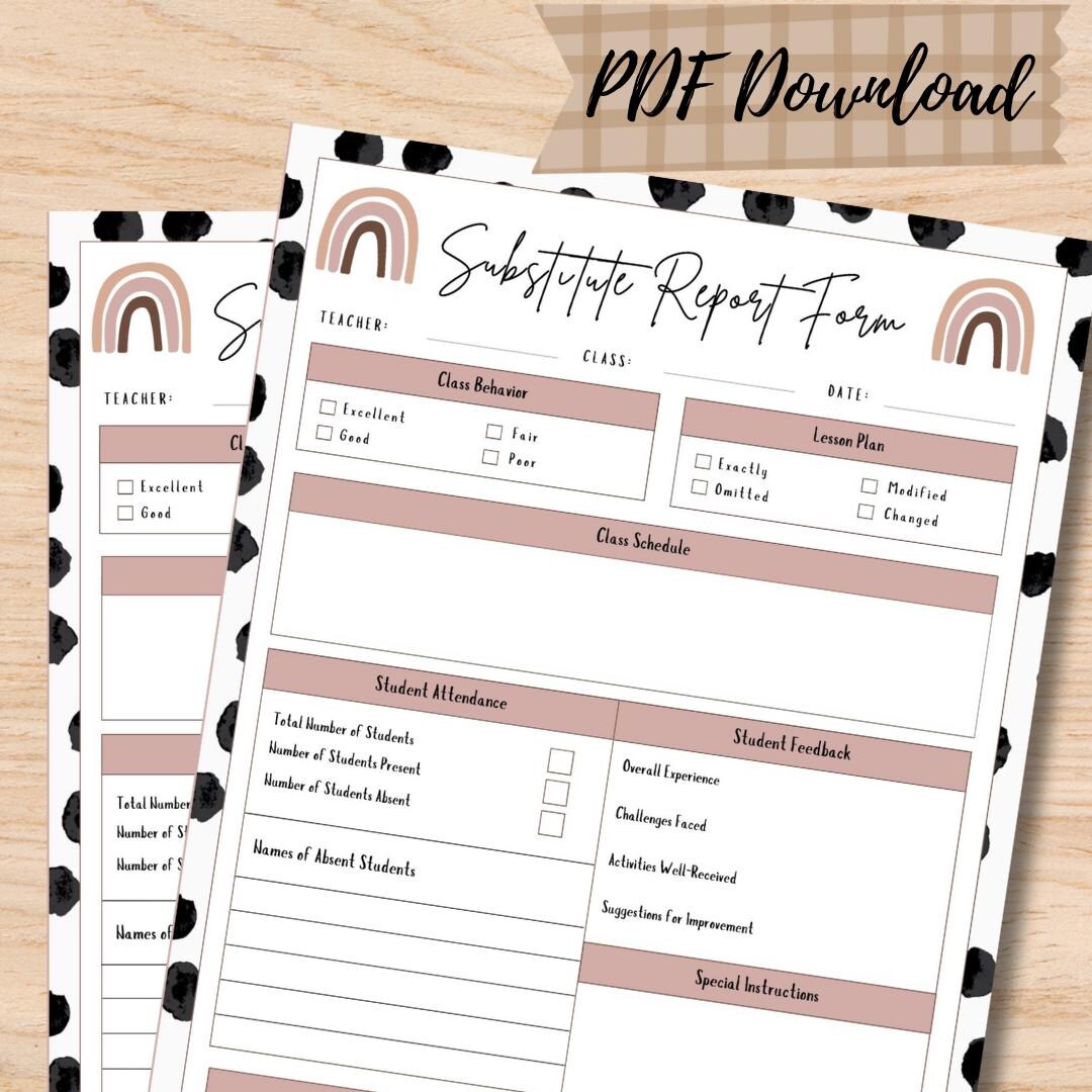 Substitute Teacher Note Template Downloadable PDF, Substitute Resource ...