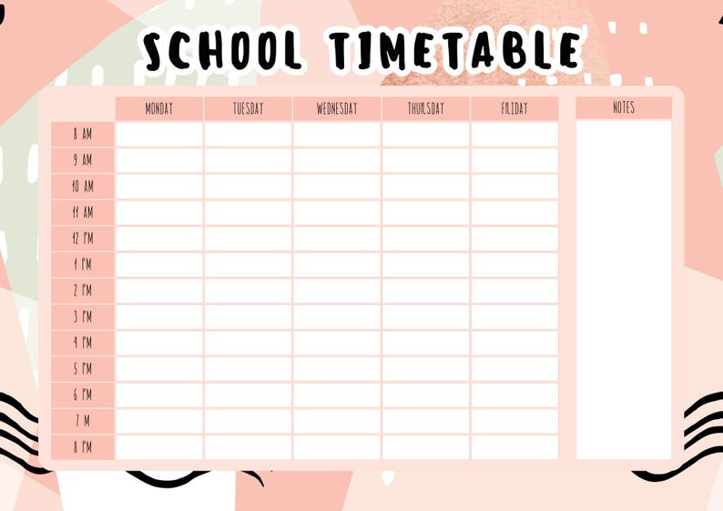 Class Schedule School Timetable in Pastel Pink, Black, and Green ...