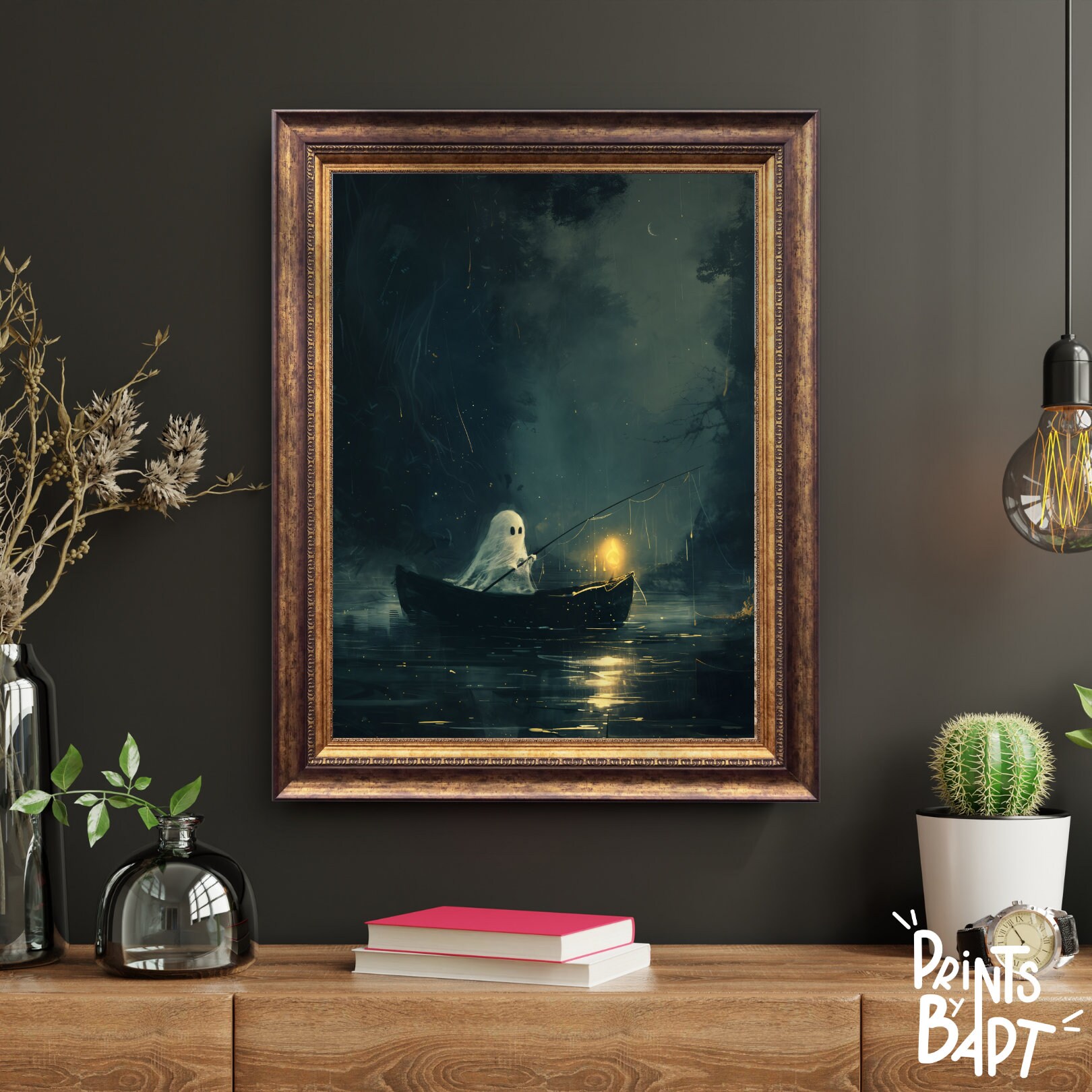 Ghost Fishing in Moonlit Lake Art Print, Spooky Halloween Wall Art ...