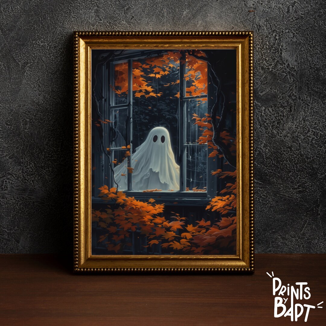 Ghost Looking Out Window During Fall, Spooky Autumn Wall Art, Halloween ...