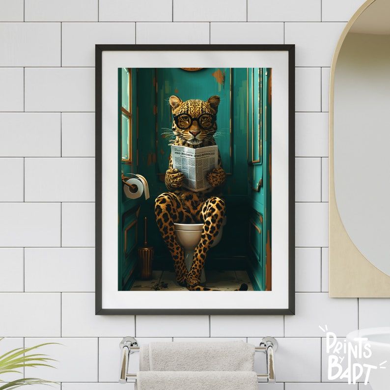 Funny Leopard Bathroom Poster Print, Vibrant Animal on Toilet Print ...