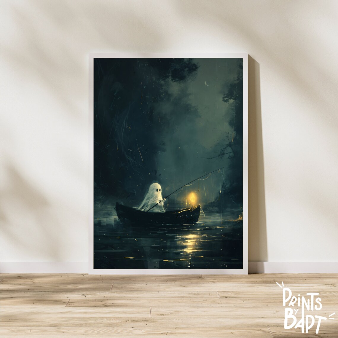 Ghost Fishing in Moonlit Lake Art Print, Spooky Halloween Wall Art ...