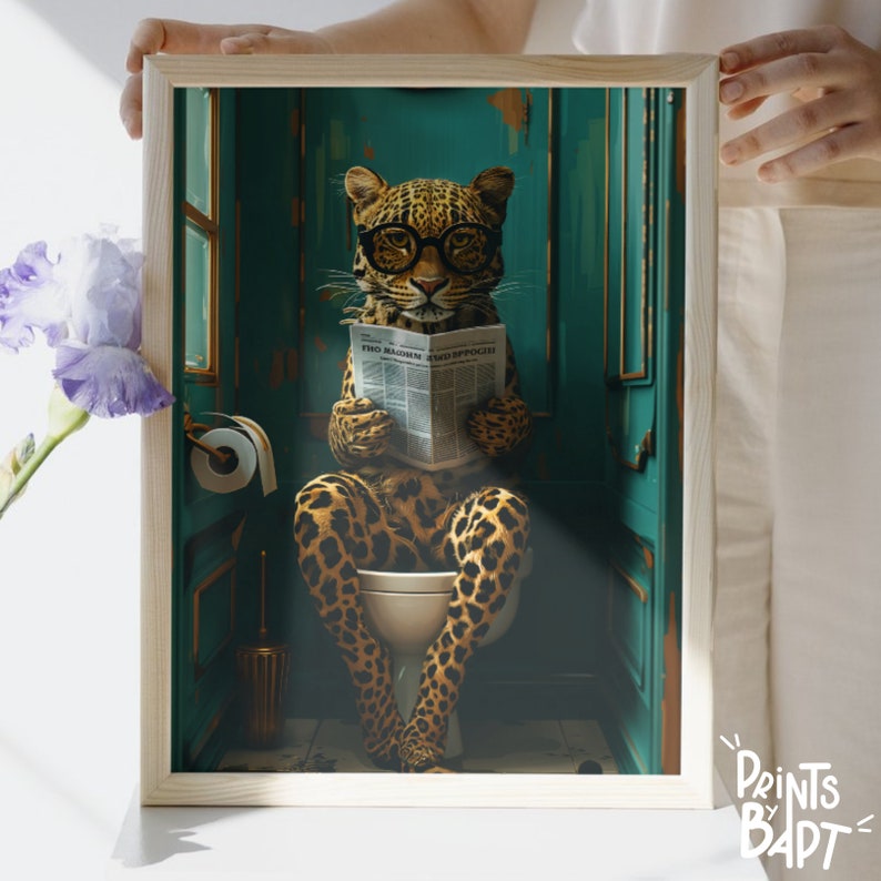 Funny Leopard Bathroom Poster Print, Vibrant Animal on Toilet Print ...