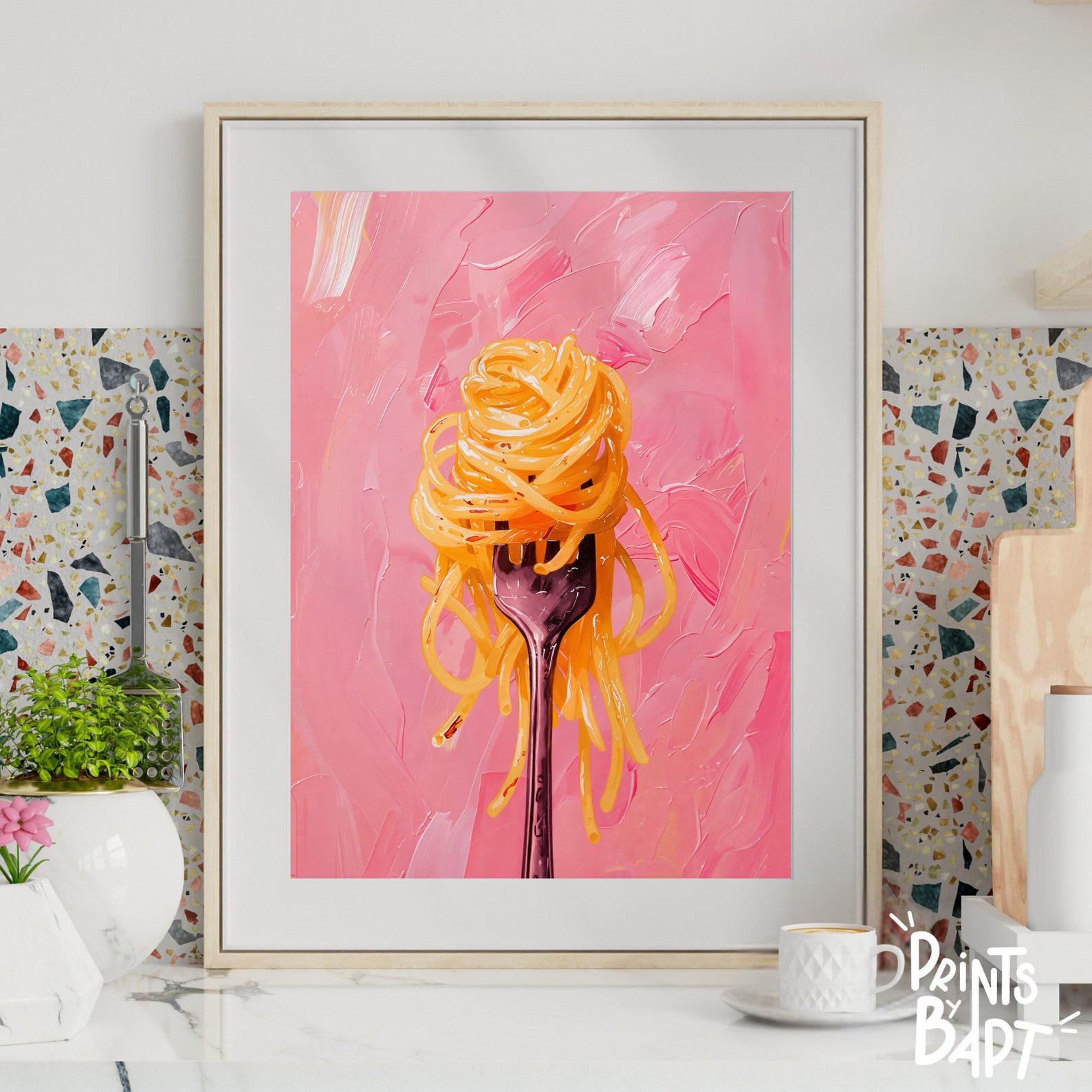 Spaghetti Print - Pasta Wall Art, Food Art Decor, Pink Kitchen Poster ...
