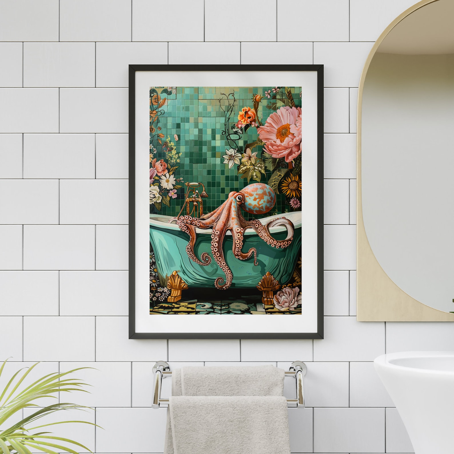 Octopus in a Bathtub Art Print, Maximalist Bathroom Decor, Eclectic ...
