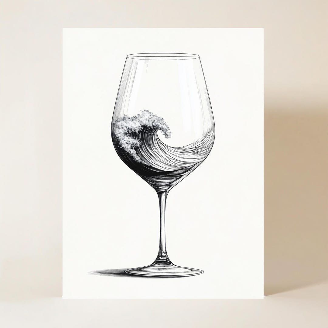 Ocean Wave in Wine Glass Art Print, Minimalist Black and White Art ...