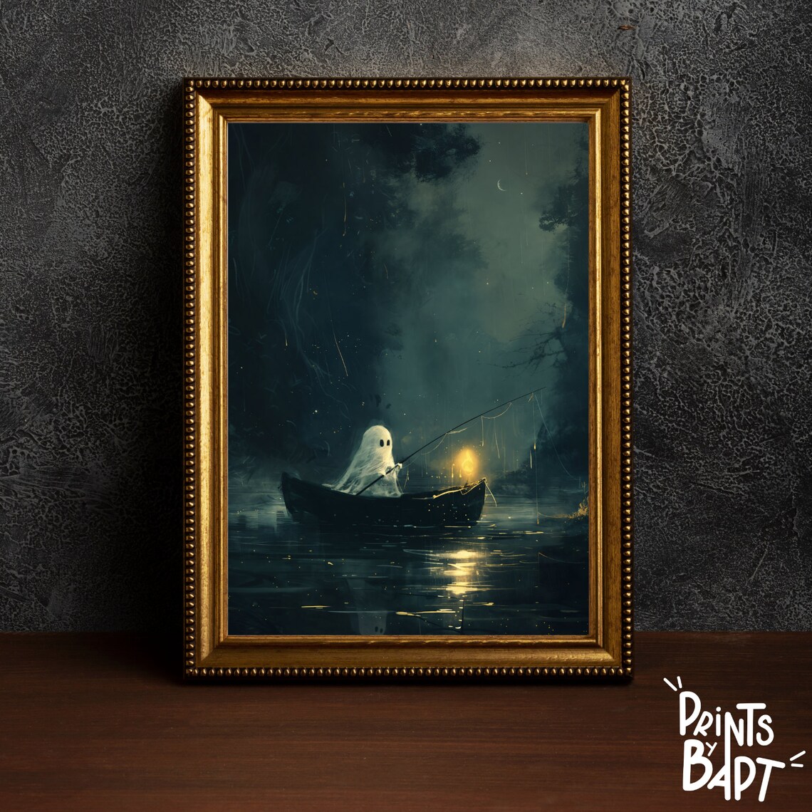 Ghost Fishing in Moonlit Lake Art Print, Spooky Halloween Wall Art ...