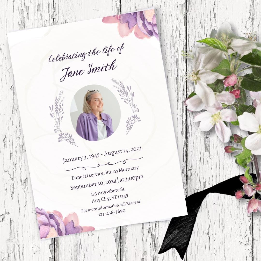 PERSONALIZED FUNERAL CARD, Memorial Service Invite Editable Celebration ...