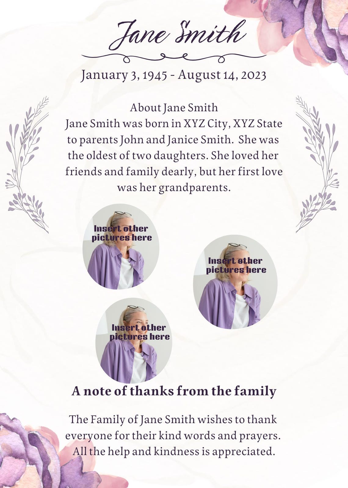 PERSONALIZED FUNERAL CARD, Memorial Service Invite Editable Celebration ...