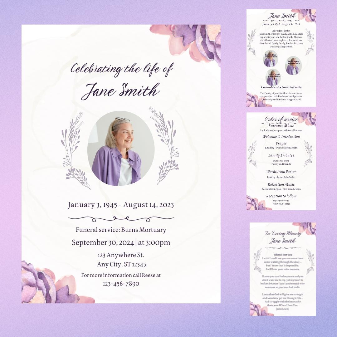 PERSONALIZED FUNERAL CARD, Memorial Service Invite Editable Celebration ...