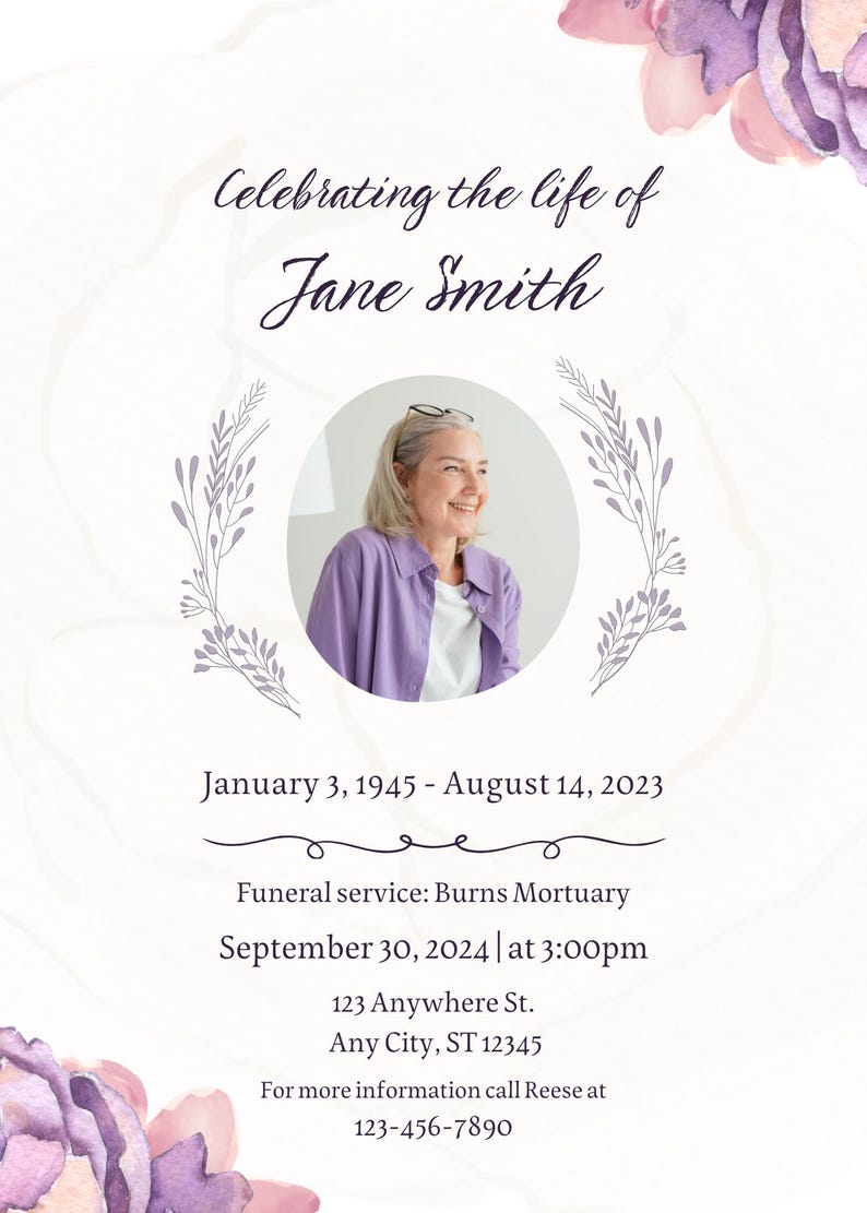 PERSONALIZED FUNERAL CARD, Memorial Service Invite Editable Celebration ...