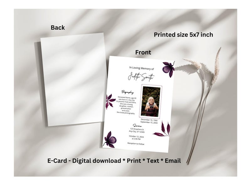 PURPLE PERSONALIZED FUNERAL Card| Memorial Service Invite | Editable ...