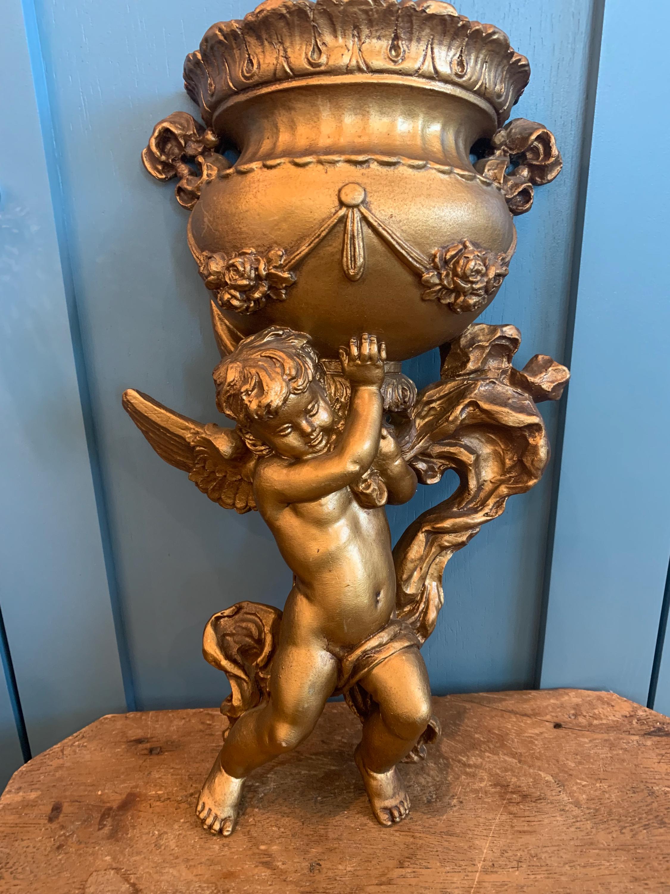 Vintage Gold Cherub Wall Planter, Ornate Wall Pocket, Angel Planter ...