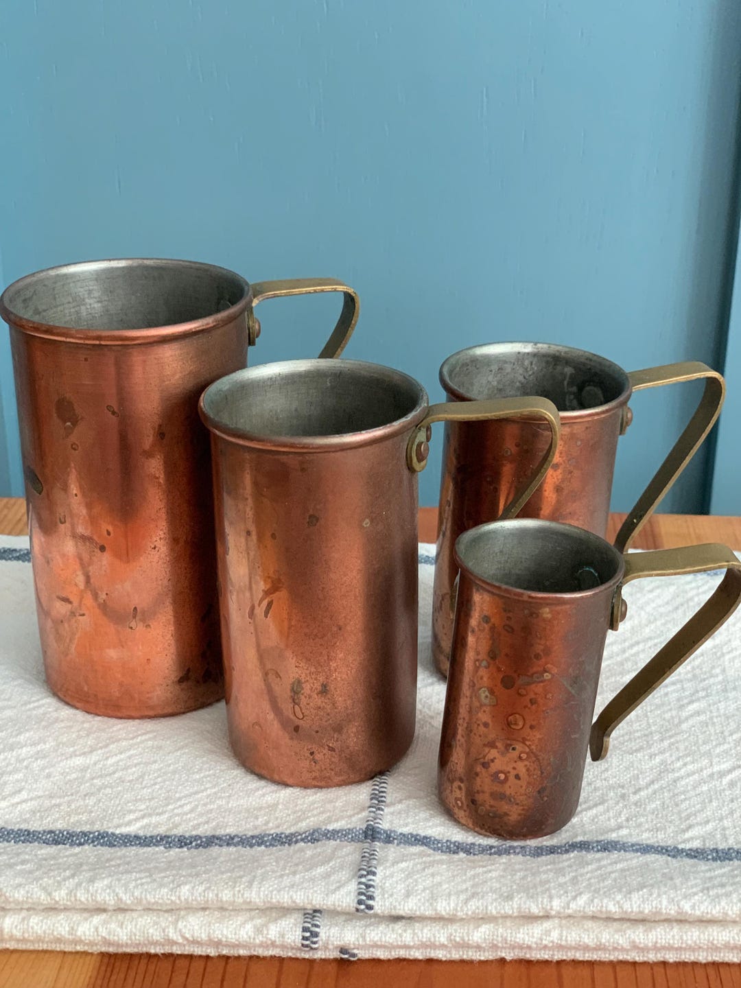 Vintage Copper and Brass Measuring Cups, Old World Kitchen, Patina ...