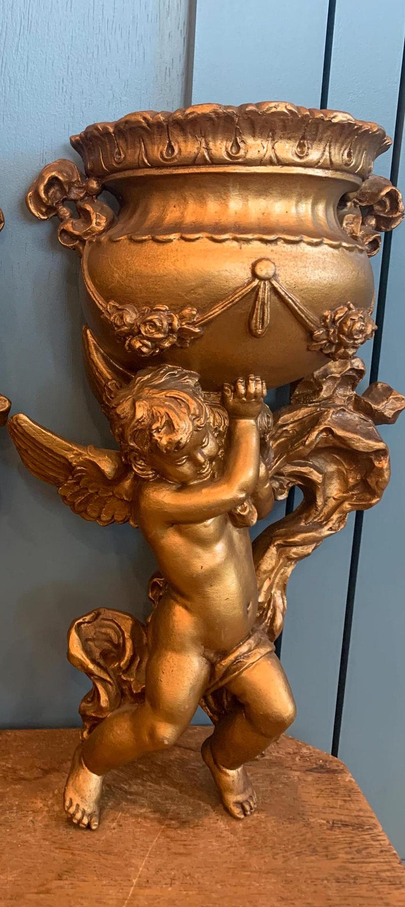 Vintage Gold Cherub Wall Planter, Ornate Wall Pocket, Angel Planter ...