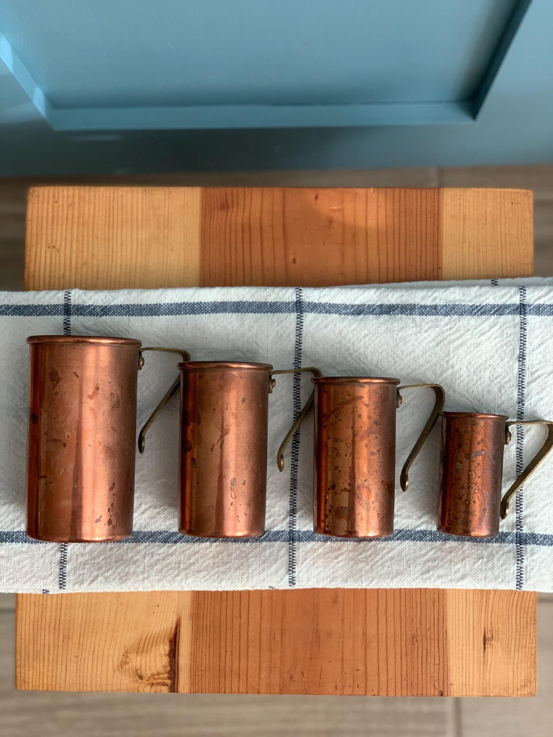 Vintage Copper and Brass Measuring Cups, Old World Kitchen, Patina ...