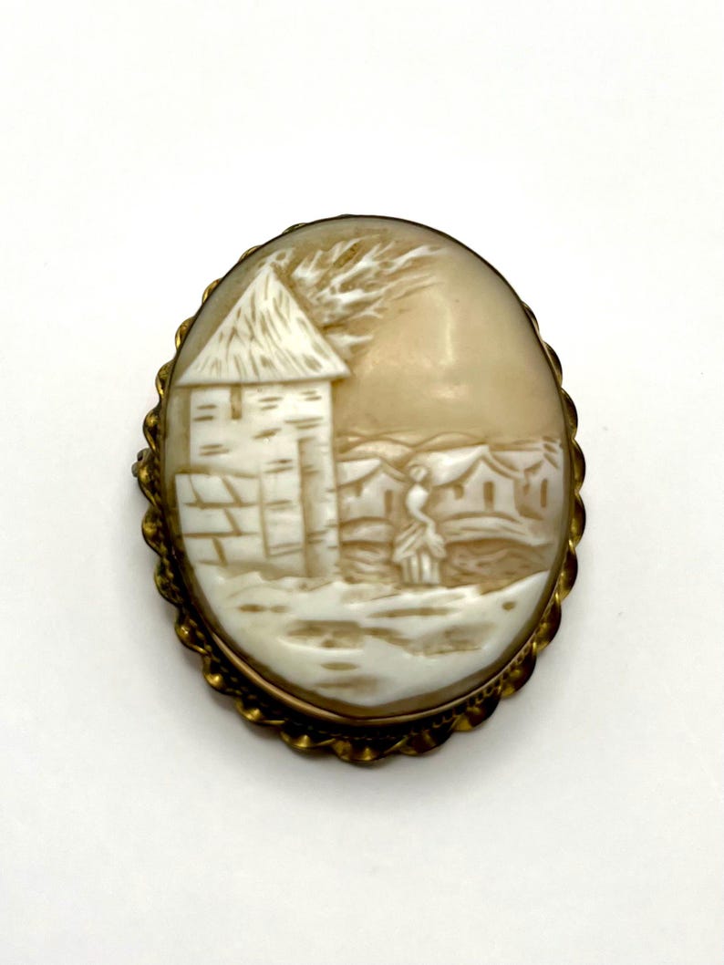 1800s Victorian Burning House Village Scene Gold Filled Framed Cameo ...
