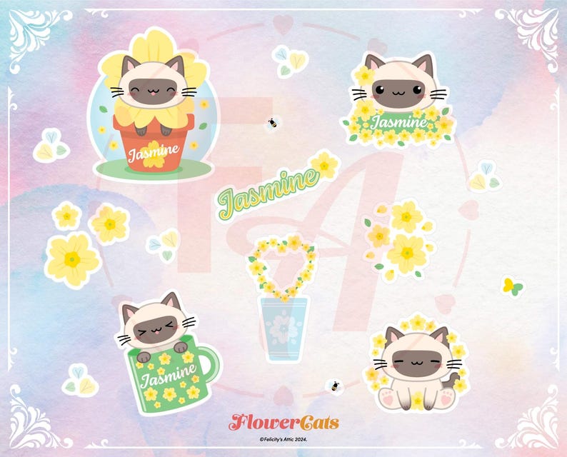 Jasmine Flower Cats Sticker Sheet Cute Kawaii Style Cat Stickers ...