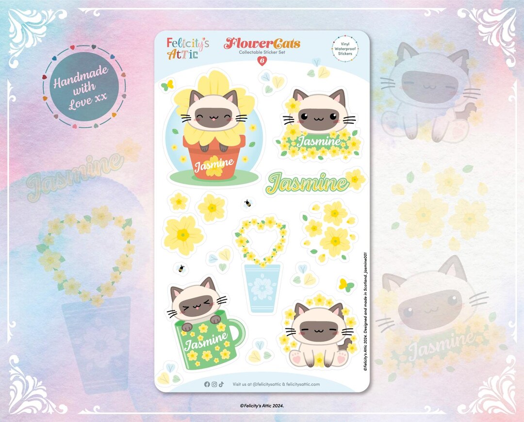 Jasmine Flower Cats Sticker Sheet Cute Kawaii Style Cat Stickers ...