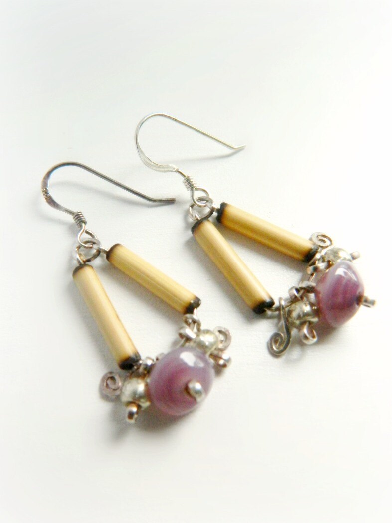 Andean Tribal Earrings Sterling Silver & Bamboo / Lavender - Etsy