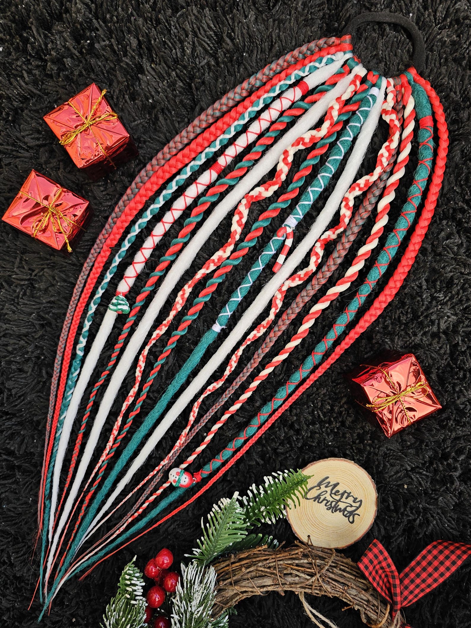 Christmas Dreads on Hairband, Red, White & Green Dreadlock Extensions ...
