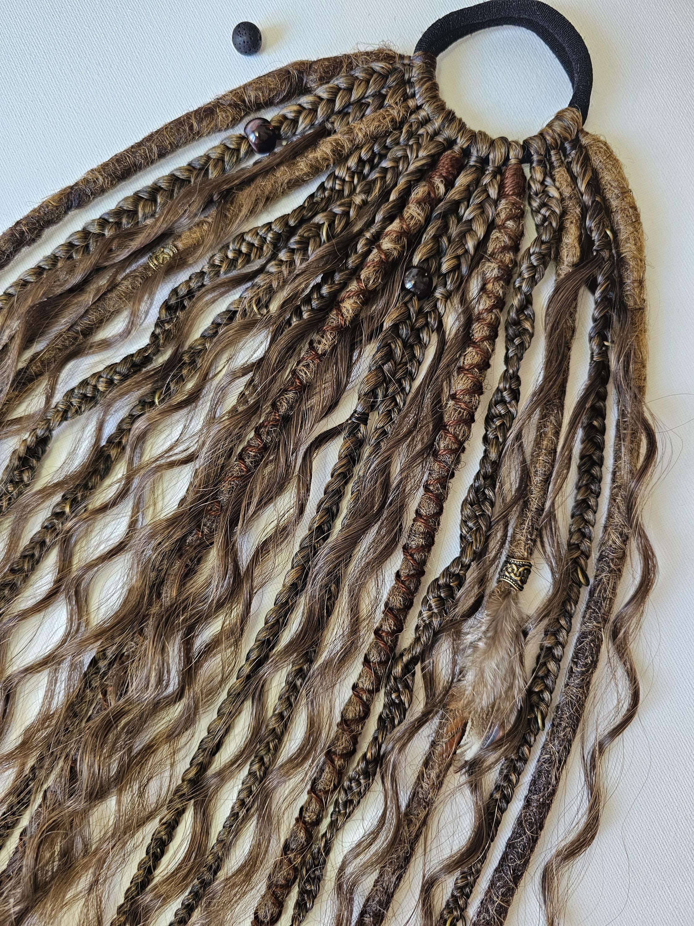 Handmade Brown Braids, Curls, Dreads Extensions on Elastic Hairband ...